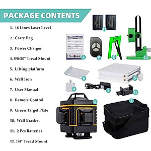 16 Lines 4D Laser Level Self-Leveling 4x360 Horizontal & Vertical Cross line Rechargeable line Laser Green Beam Magnetic Lifting Base for Indoor Outdoor 13 pcs Set