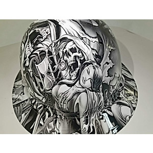 Wet Works Imaging Customized Pyramex Full Brim Hydro Dipped in White Soul Reaper Hard HAT with Ratcheting Suspension Custom LIDS Crazy Sick Construction PPE