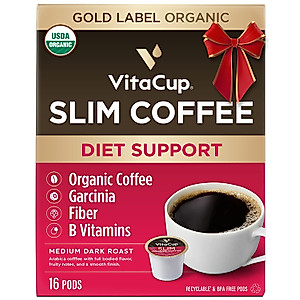 VitaCup Slim Organic Coffee Pods, Diet Support with Ginseng, Garcinia, B Vitamins, Bold Medium Dark Roast, Single Serve Pod, Compatible with Keurig K-Cup Brewers,16 Ct