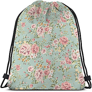 Beabes Pink Flowers Drawstring Bags Backpack Bag Vintage Floral Design Retro Blooming Summer Rose Peony Romantic Sport Gym Sack Drawstring Bag String Bag Yoga Bag for Men Women
