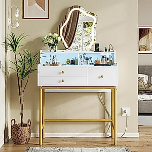 VIAGDO Makeup Vanity with Lights, Vanity Desk with 3-Color Touch Screen Lighted Mirror, White Vanity Table with Charging Station, Modern Makeup Desk with LED Lights, Adjustable Drawer Dividers