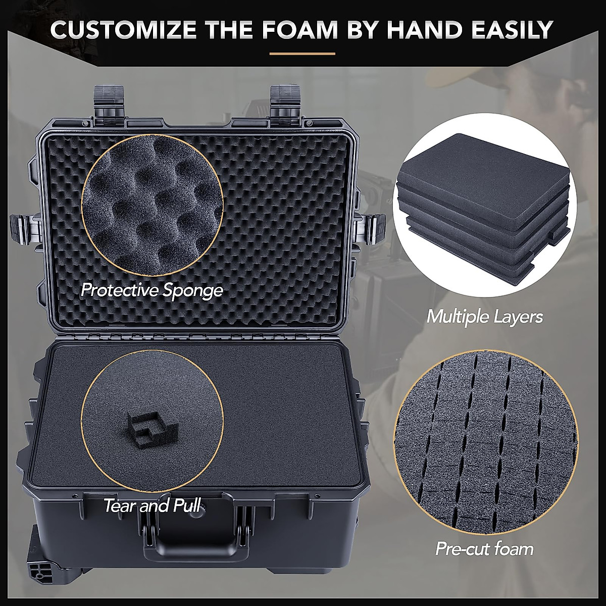 Lykus HC-5220 Waterproof Hard Case with Wheels and Customizable Foam, Interior Size 20.5x14.2x9.7 inch, Suitable for cameras, lenses, electronic equipment and more