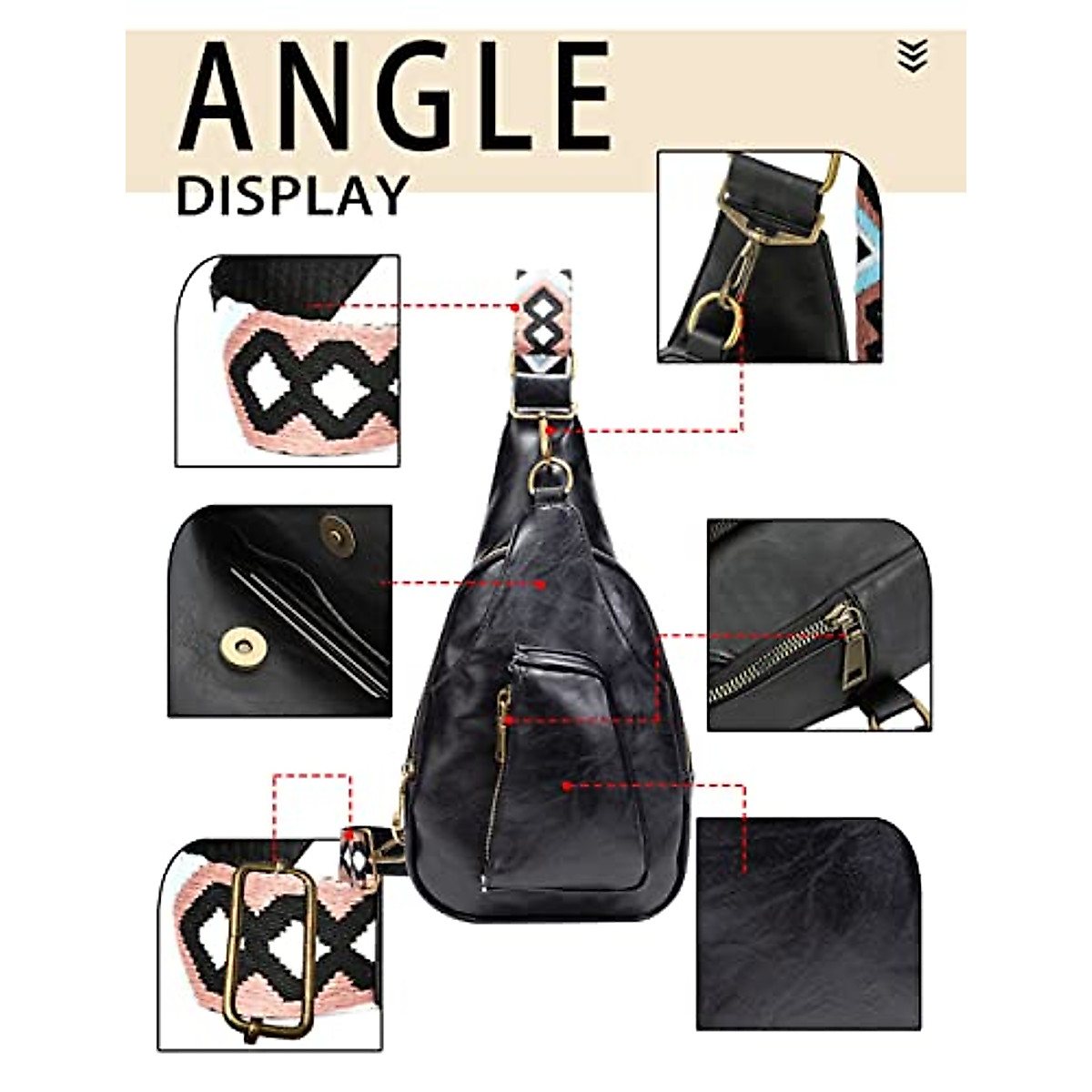 Ocahuel Women Sling Bags Crossbody Chest Bag Purse Leather Wide Guitar Strap Satchel Daypack Retro Shoulder Backpack Travel Hiking Black