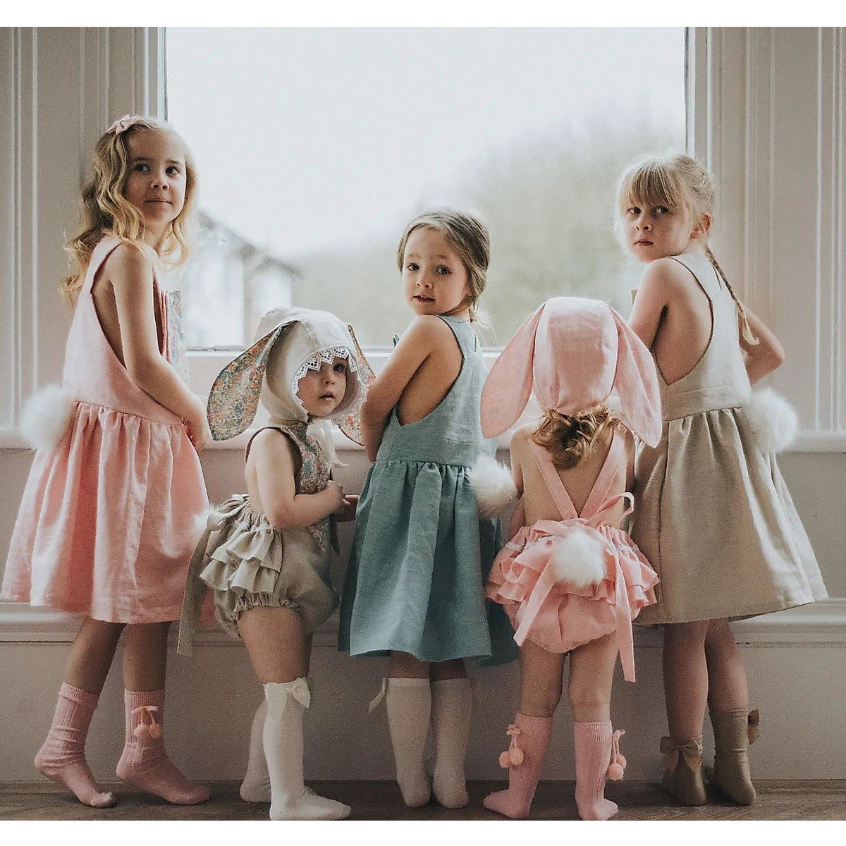 Baby Girl Easter Outfit Vintage Onesie Overalls and Bunny Ears/Toddler Dress Sister Mathing Clothes with Tail (Onesie Bunny Pink,6-12 Months)