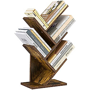 Hoctieon 4 Tier Tree Bookshelf, 4 Shelf Bookcase, Modern Book Storage, Free Standing Tree Bookcase, Utility Organizer Shelves for Home Office, Living Room, Bedroom, Rustic Brown
