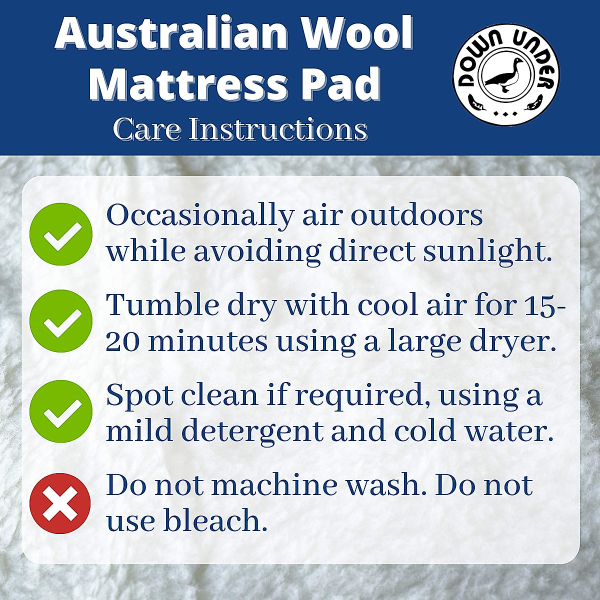 Down Under Wool Mattress Topper, King Size 100% Australian Wool Mattress Pad, 15" Deep Pocket & 0.5" Fleece Padding, Woolmark Certified Organic Mattress Protector, All Season Breathable Mattress Case