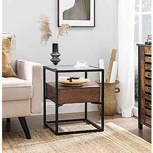 VASAGLE GLATAL Side Table, Nightstand, Tempered Glass End Table, with Drawer and Shelf, Decoration in Living Room, Stable Steel Frame, Industrial, Hazelnut Brown and Black ULET004G01
