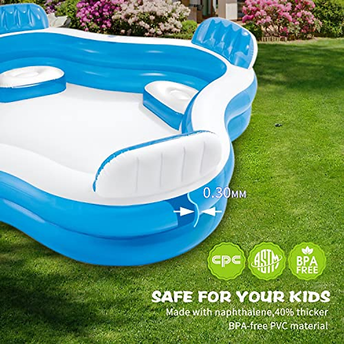 Inflatable Pool Kids for Adult - 90" 90" 26" ,Giant Large Blow up Pool for Indoor Garden Summer Water Party,Kiddie/Adult Small Inflatable Swimming Pools with Seat and Backrest, Above Ground Pool