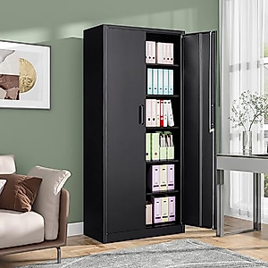SISESOL Metal Storage Cabinet with 2 Doors and 6 Shelves,Black Metal Cabinet with Lock,71" Lockable Garage Storage Cabinet,Locking Storage Cabinet,Steel Cabinet for Home,Office,Garage,Shop,School