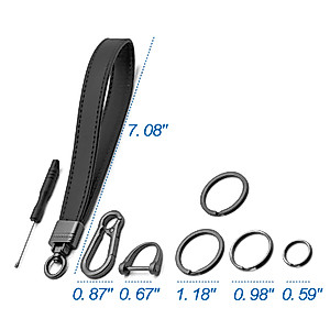 INFIPAR Car Fob Key Chain Genuine Leather Wristlet Strap Keychains Holder for Men and Women, 360 Degree Rotatable, with Anti-lost D-Ring, Carabiner Clip and 4pcs Key Rings, Dark and Black