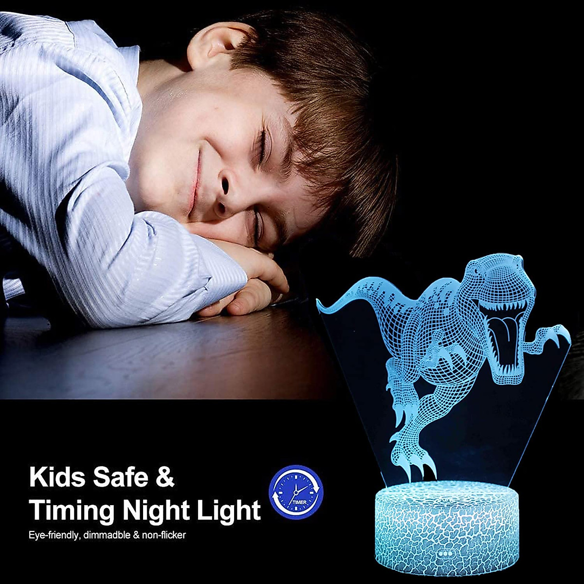 通用 Dinosaur Night Light Toys 3D Lamp for Kids 7 Colors Changing with Smart Touch & Remote Control & Timer for Boys Bedroom Decor As Birthday Gifts Idea