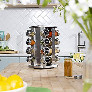 Orii 16 Jar Spice Rack with Spices Included - Rotating Countertop Tower Organizer for Kitchen Spices and Seasonings, Free Spice Refills for 5 Years (Stainless Steel)