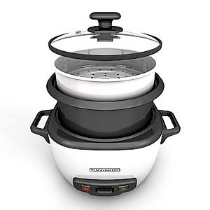 BLACK+DECKER Rice Cooker 16 Cups Cooked (8 Cups Uncooked) with Steaming Basket, Removable Non-Stick Bowl, White