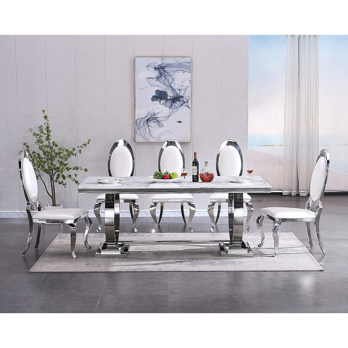 Maotifeys 70" White Marble Dining Table, Rectangle Marble Top, Silver U-Shape Stainless Steel Pedestal, Mid-Century Modern, 70" x 35" x 30"