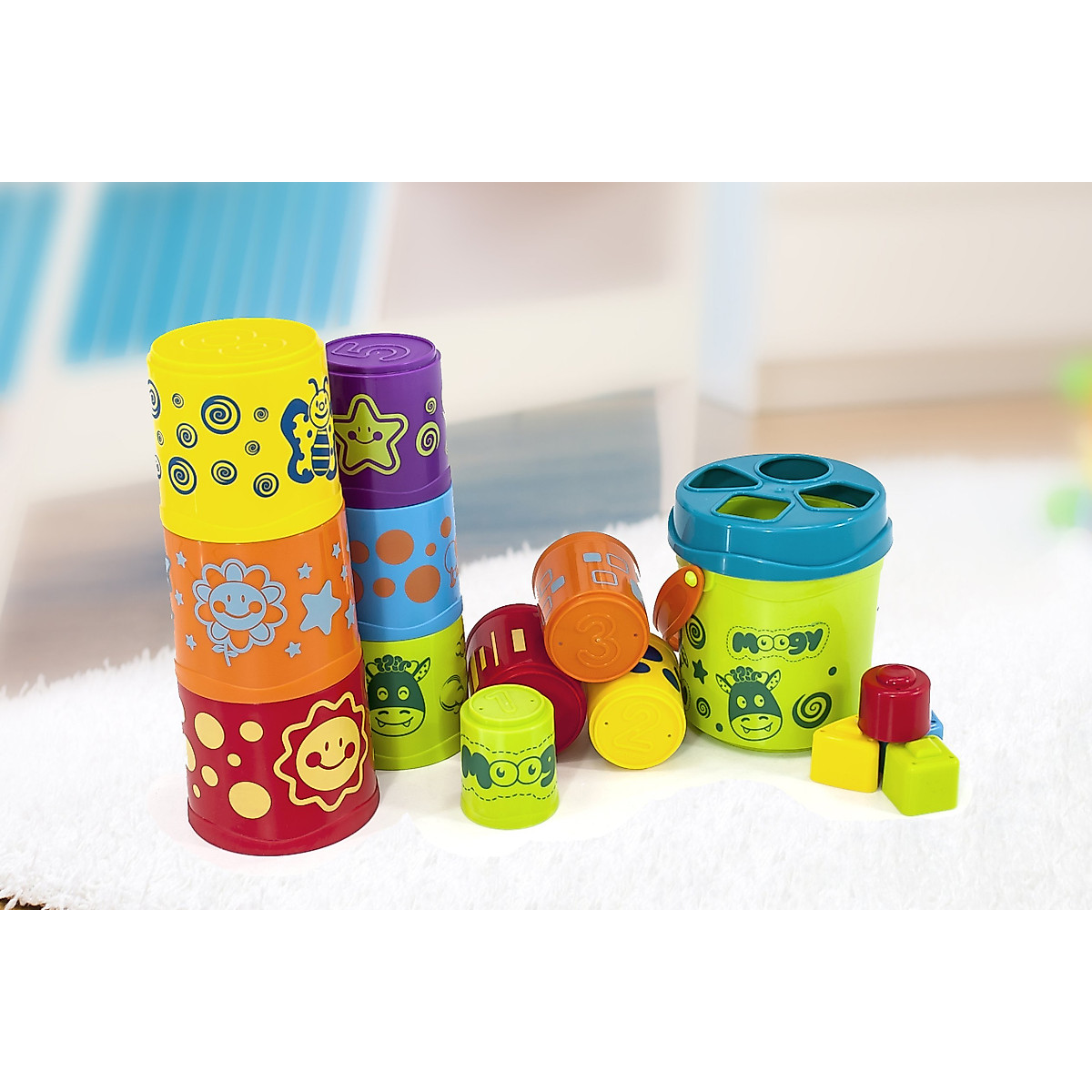 Miniland Educational - Giantte Déco Moogy Stacking Buckets Set - Plastic Stackable Nesting Cups for Kids, Fun Toddler Playtime Activity to Promote Motor Skills and Coordination