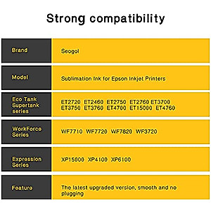 seogol Sublimation Ink for Printers ET-2720 ET-2760 ET-2750 ET-15000 ET-4700 ET-3760 WF-7710 WF-7720 WF-7210 C88+ ETC. 400ml