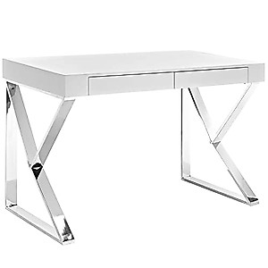 Modway Adjacent Contemporary Modern Office Desk With Metallic Legs in White