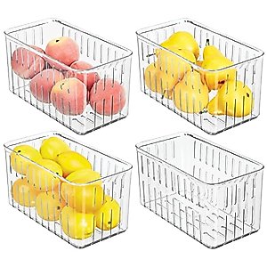 mDesign Plastic Food Cabinet Storage Organizer Container Bin with Open Vents for Kitchen, Pantry, Refrigerator Organization - Holds Fruit, Vegetables, Cheese - Ligne Collection - 4 Pack - Clear
