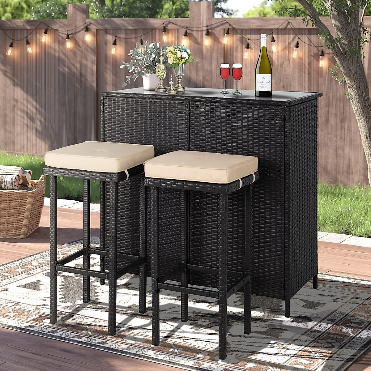 3-Piece Wicker Outdoor Furniture Bar Set, 2 Stools and 1 Glass Top Table, Large-Capacity Storage Space Brown Wicker Patio Bar Table with 9Ft Blue Round Patio Umbrella