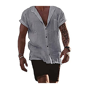 MBETA Cotton and Linen Solid Color Cardigan Loose Short Sleeve Shirt Suitable for Summer Menswear