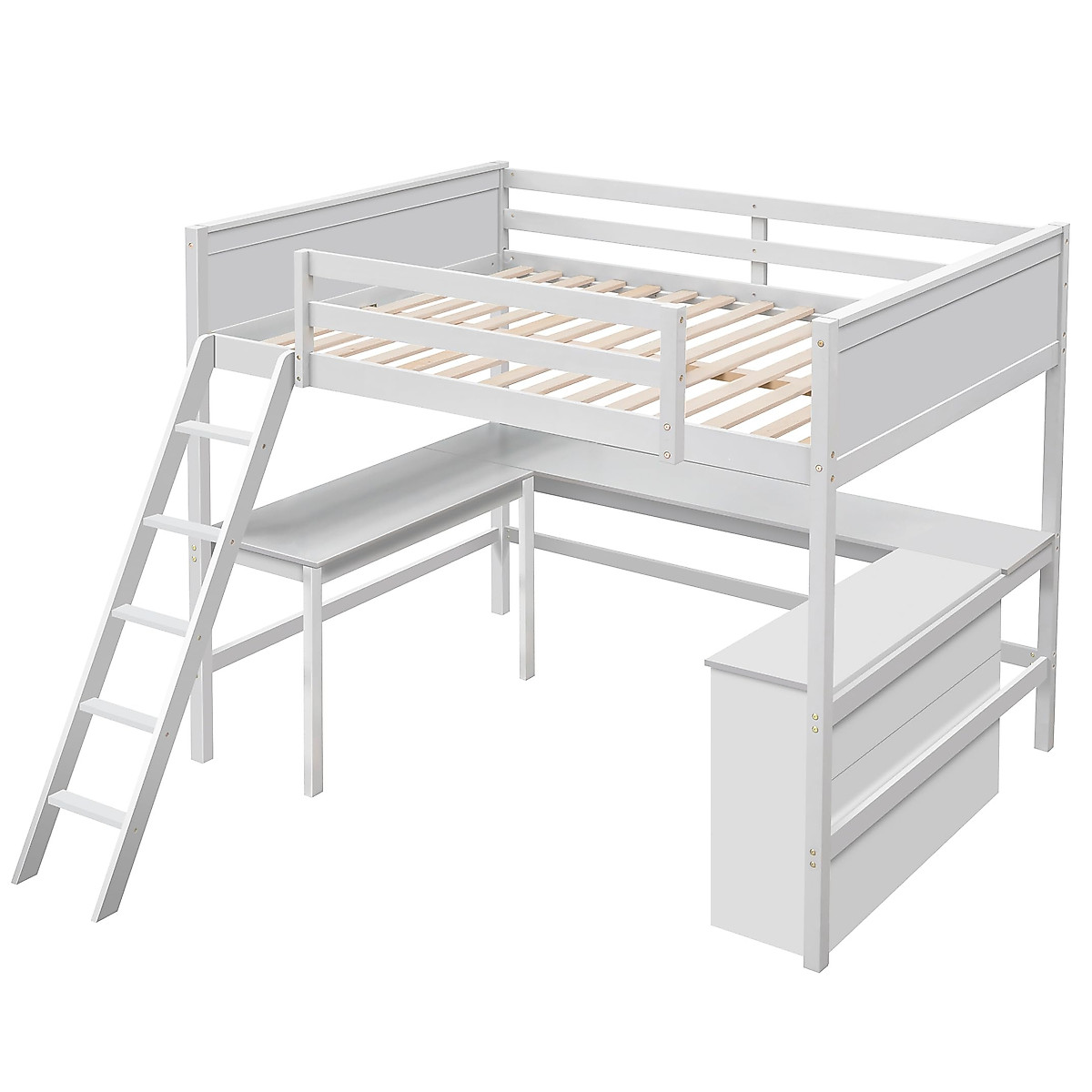 Full Size Loft Bed with L-Shaped Desk, Storage Shelves and 2 Drawers, Solid Wood Loft Bed Frame with Guardrails and Ladder for Girls Boys Junior Adults, Space-Saving Design, White