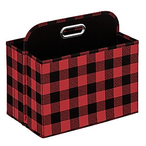 mDesign Holiday Storage Box for Gift Wrapping and Bows with Compartments and Handle - Christmas Organizer Tote for Ribbons - Divided Container for Crafts and Stationary - Buffalo Plaid, Red/Black