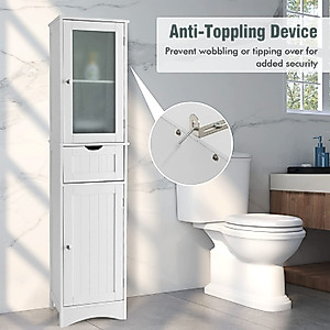 Tangkula 67" Tall Bathroom Storage Cabinet, Slim Freestanding Tower w/ 2 Doors & 1 Drawer, Narrow Floor Cabinet w/Adjustable Shelves & Tempered Glass Door for Bathroom Living Room (White)