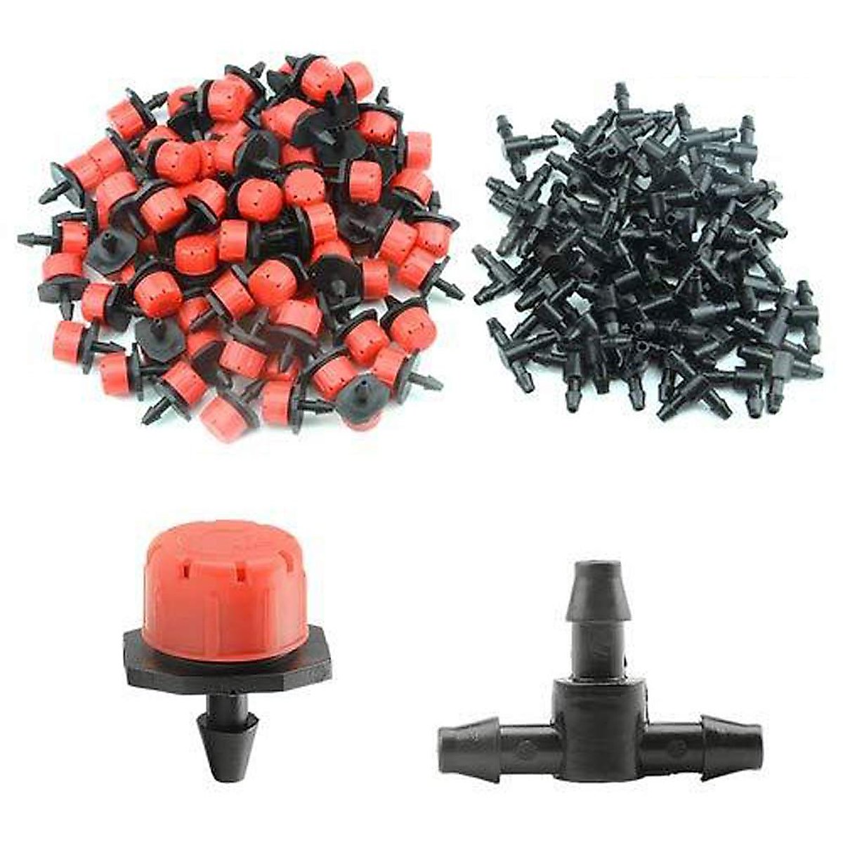 XINGYHENG 100pcs 8 Holes Button Drop Adjustable Flow Dripper with 40PCS Tee Connector Spray Dripped Integral Emitter Nozzle Sprinkler Irrigation System for Flower Garden