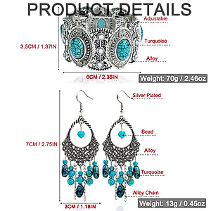 3 Pcs Turquoise Jewelry for Women, Western Jewelry Set Silver Boho Western Necklaces Bohemian Western Earrings Turquoise Pendant Necklaces Faux Leather Layered Bracelet
