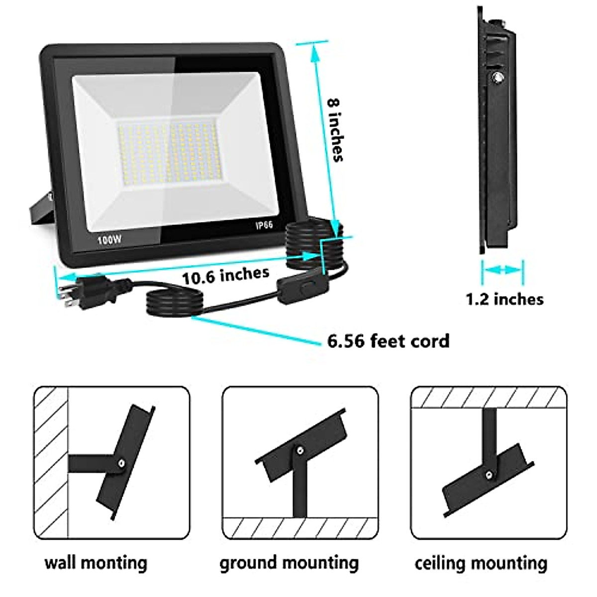 100W LED Flood Light Outdoor, 10000LM LED Work Light with Plug, 5000K Daylight White, IP66 Waterproof Outdoor Floodlights for Yard, Garden.