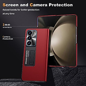 for Samsung Z-Fold-5 Cover: Genuine Leather Galaxy Fold 5 Kickstand Case[Hinge Protection][Screen Protector] Skin Felling - Durable Shockproof Protective Phone Case for Galaxy Fold 5 2023 - Red