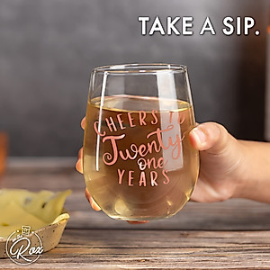 On The Rox Drinks 21st Birthday Stemless Wine Glass Gifts for Women - Cheers to 21 Years Old Wine Glass Birthday Present - Rose Gold Print Ideal for Women, Friend, Sister Turning Twenty One - 17 oz
