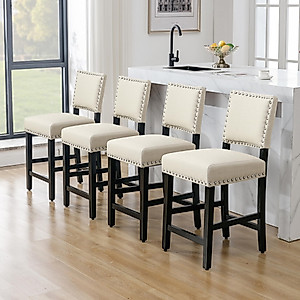 DAGONHIL 24 inch Bar Stools Set of 4, Counter Height Stools, Fabric Upholstered Barstools with Back and Wood Leg, Armless Dining Chairs with Silver Copper Nail for Kitchen Island Living Room (Beige)