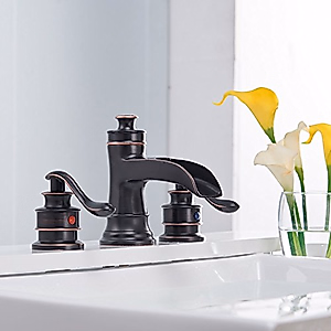 Homevacious Widespread Bathroom Faucet Waterfall with Pop Up Drain Assembly Farmhouse 3 Hole 2-Handle 8-16 Inch Sink Vanity Bath with Overflow Supply Line Lead-Free