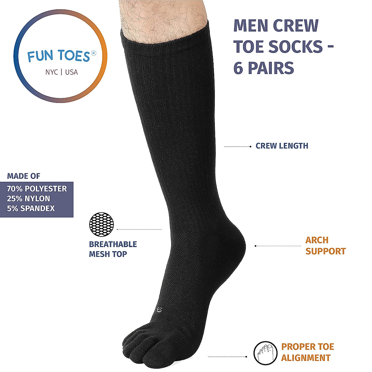 FUN TOES Men Crew Toe Socks Athletic Running Socks - Arch Support - Proper Toe Alignment - Breathable Mesh Top - Soft and Stretchy Value 6 Pairs Pack size 6-12 (Black)