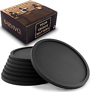 Barvivo Silicone Coasters with Holder Set of 8 - Cup Coasters for Indoor and Outdoor, Perfect Durable Coaster for Tabletop Protection, Anti Slip, Suitable for All Drinks & Table Types - Black