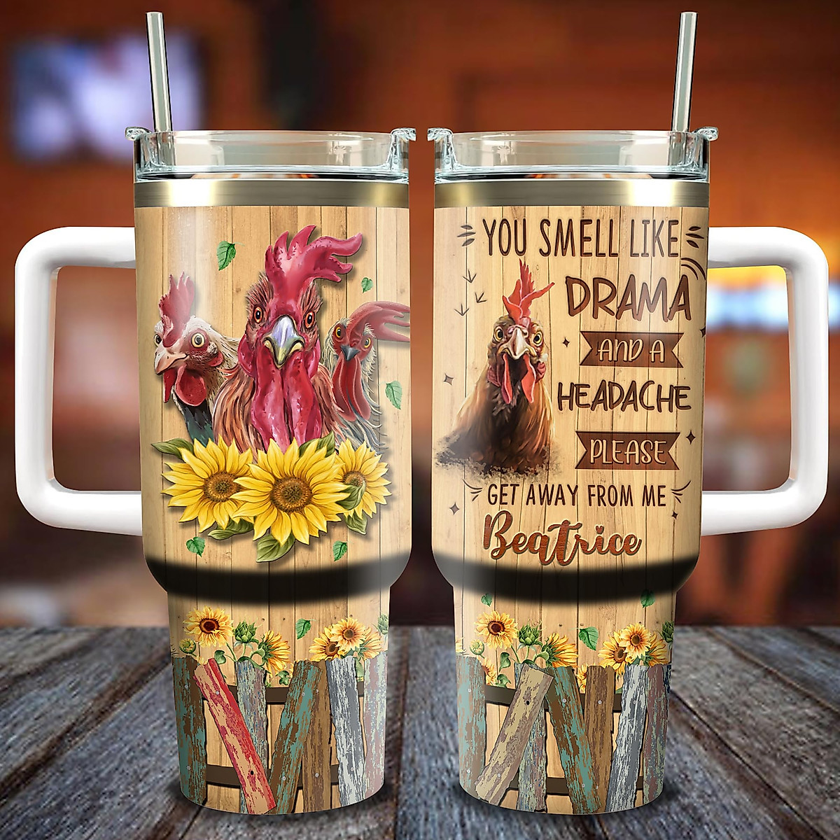 WAZONE Personalized Funny Chickens Flowers You Smell Like Drama And A Headache Floral Rooster Tumbler with Lid 40oz Stainless Steel Custom Name Best Gifts For Farmer Girls Women Birthday Christmas
