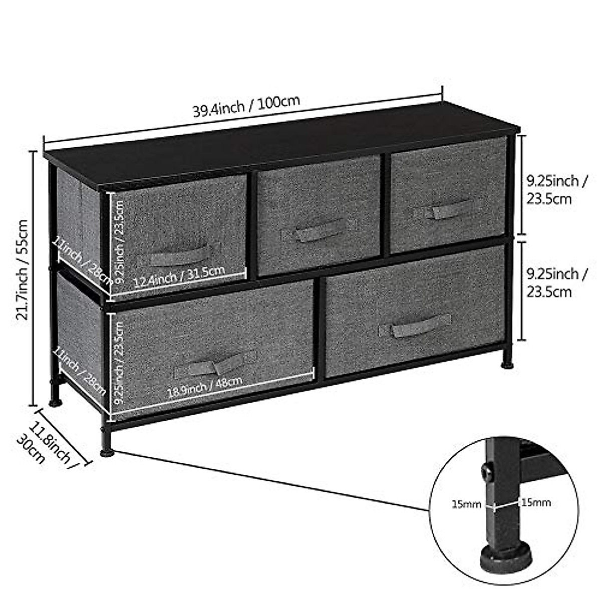 Basic Houseware Wide Dresser Storage Tower Night Stand Wood Top Organizer Unit for Dorm Room Dark Grey