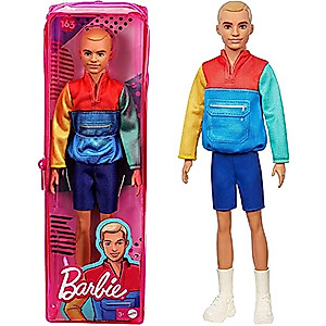 Barbie Ken Fashionistas Doll #163, Slender with Sculpted Blonde Hair Wearing Color-Blocked Jacket-Style Top, Blue Shorts & White Boots, Toy for Kids 3 to 8 Years Old