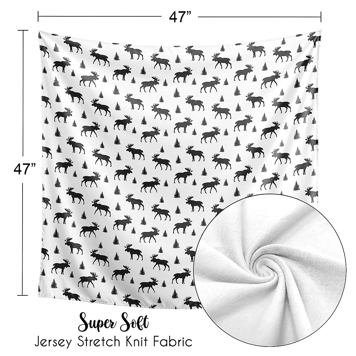 Sweet Jojo Designs Woodland Moose Baby Boy Swaddle Blanket Jersey Stretch Knit for Newborn or Infant Receiving Security - Black and White Forest Animal Rustic Patch