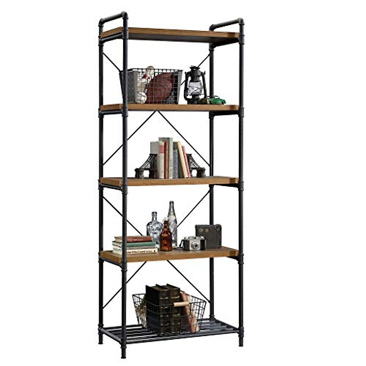 Sauder Iron City Tall Bookcase/Book Shelf, Checked Oak Finish