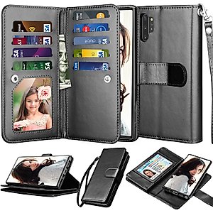 Njjex Wallet Case For Samsung Galaxy Note 10 Plus, For Galaxy Note 10+ Plus 5G Case, [9 Card Slots] PU Leather ID Credit Holder Folio Flip [Detachable] Kickstand Magnetic Phone Cover & Lanyard [Black]