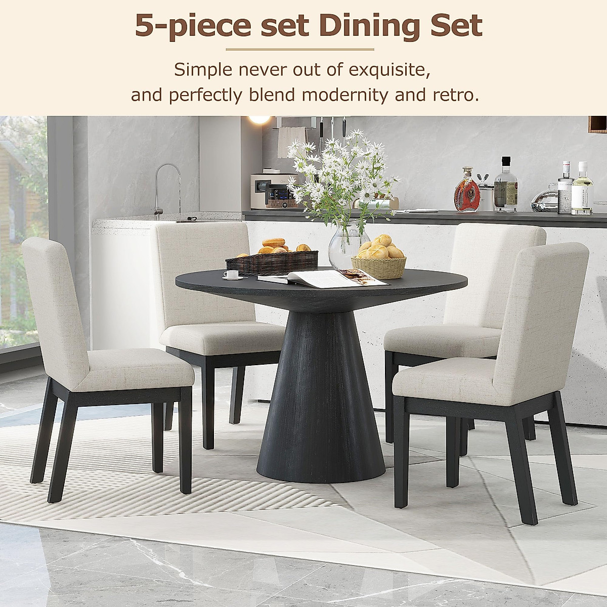 Merax 5-Piece Round Dining Table Set with 4 Upholstered Chairs, Retro Style Kitchen Dining Table for Dining Room, Kitchen Furniture Set for Family (Black)