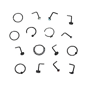 WASOLIE 16PCS 20G Black Nose Studs for Women L Shape Nose Screw Stainless Steel Hypoallergenic Nostril Piercing Jewelry Men Black Nose Piercing Rings with gems.