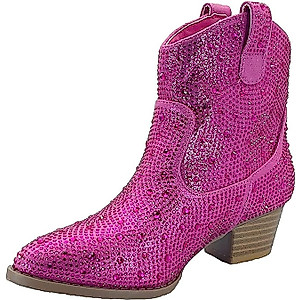 Forever Girls Rhinestone Cowboy Boots Kids Low Heel Dress Booties River-01K Fuchsia 2