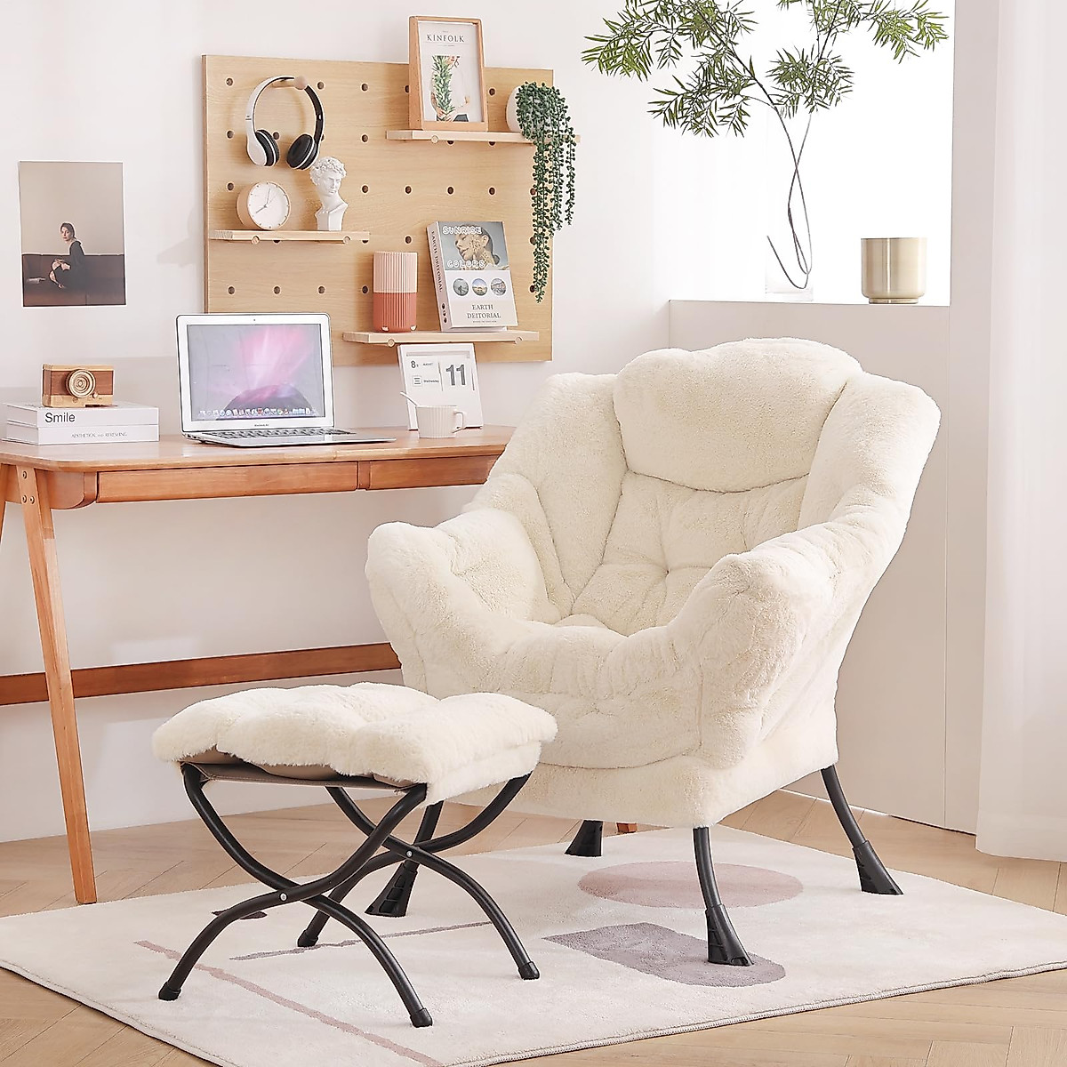 Welnow Lazy Chair with Ottoman, Modern Lounge Accent Chair with Armrests and a Side Pocket, Leisure Sofa Chair, Reading Chair with Footrest for Small Space, Corner Chair, Plush Beige