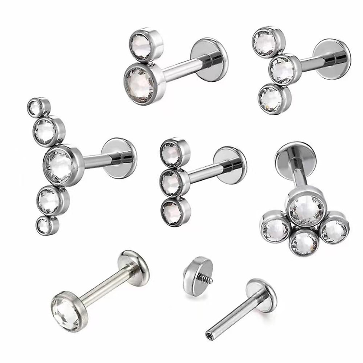 Piercingpops 6PCS 16G Tiny CZ Crystal Labret Piercing Stainless Steel Tragus Helix Lip Monroe Body Piercing Stud (6pcs Crystals Style) (Crystals Style)