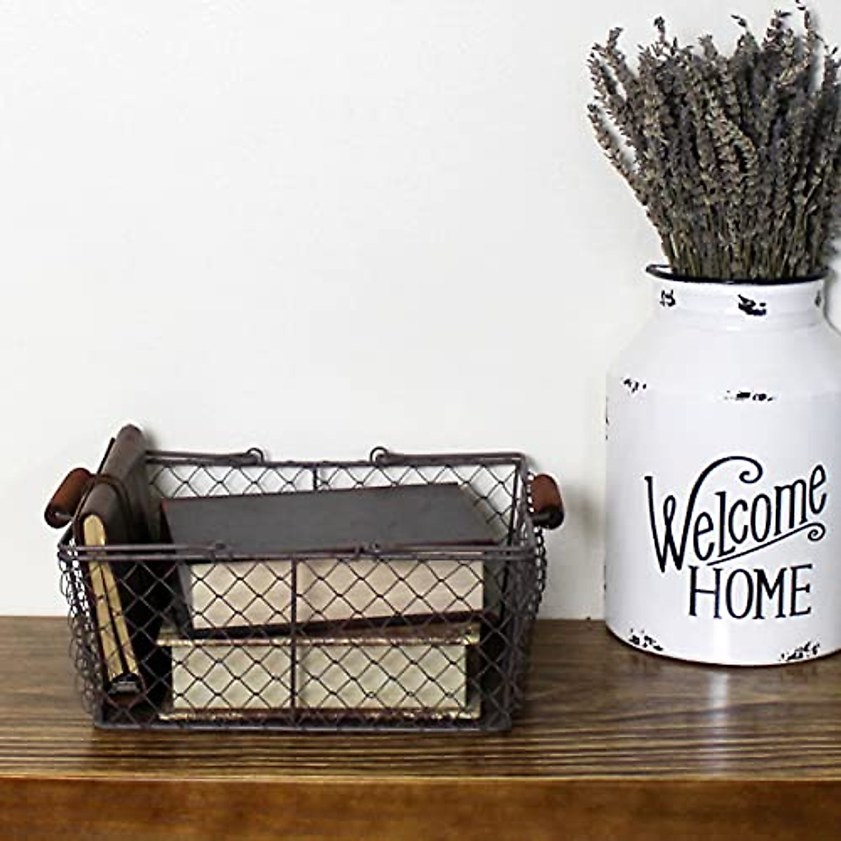 CVHOMEDECO. Primitive Chicken Wire Gathering Baskets with Wood Handle Rectangular Farmhouse Storage Baskets Set, Rusty, Set of 3