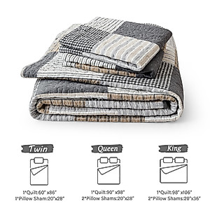 Y-PLWOMEN Quilt Set King Size, 100% Cotton Quilt Bedding Set, Patchwork Plaid Quilted Bedspread, Lightweight Reversible King Comforter Set for All Season, Grey/Brown/White/Black, 3-Pieces