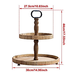 YMLHOME 2 Tier Tray Rustic Farmhose Decor Tray with Metal Handle Round Wood Tiered Serving Tray Stand for Decor and Serving Fruit Cake Desserts Snack Candy Nuts Light Brown